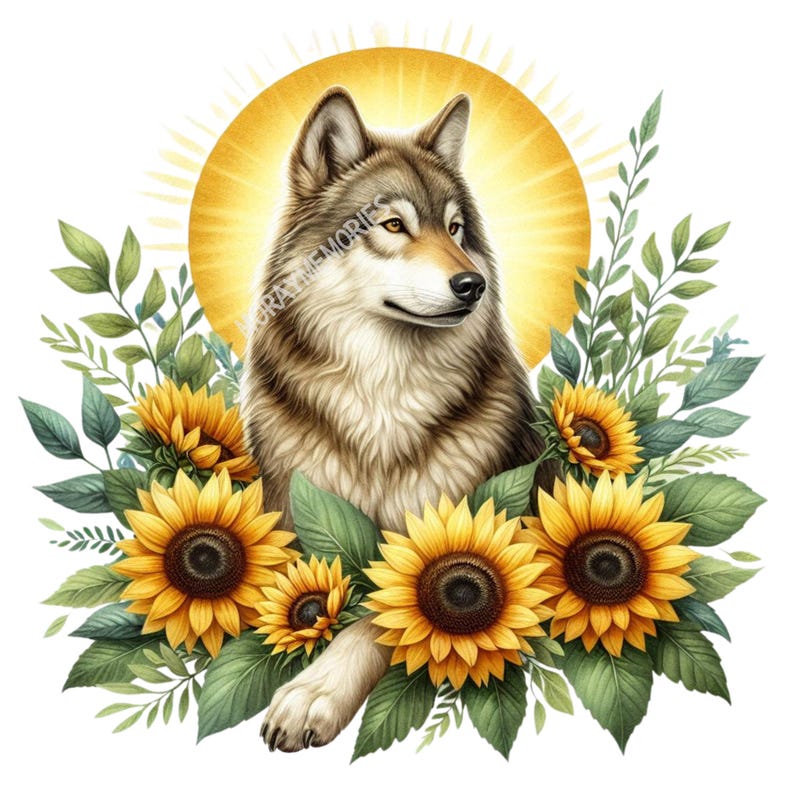 Wolf Sunflower PNG Bundle, Watercolor Wolf Clipart, Summer Floral Wolf ...