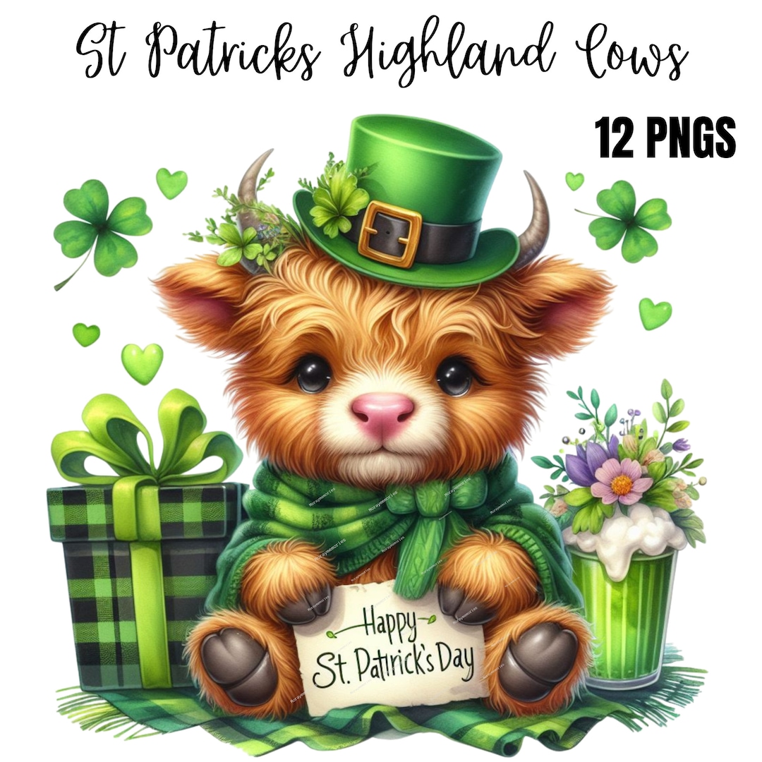 Watercolor St Patricks Highland Cows Clipart, 12 PNG Irish Clipart ...