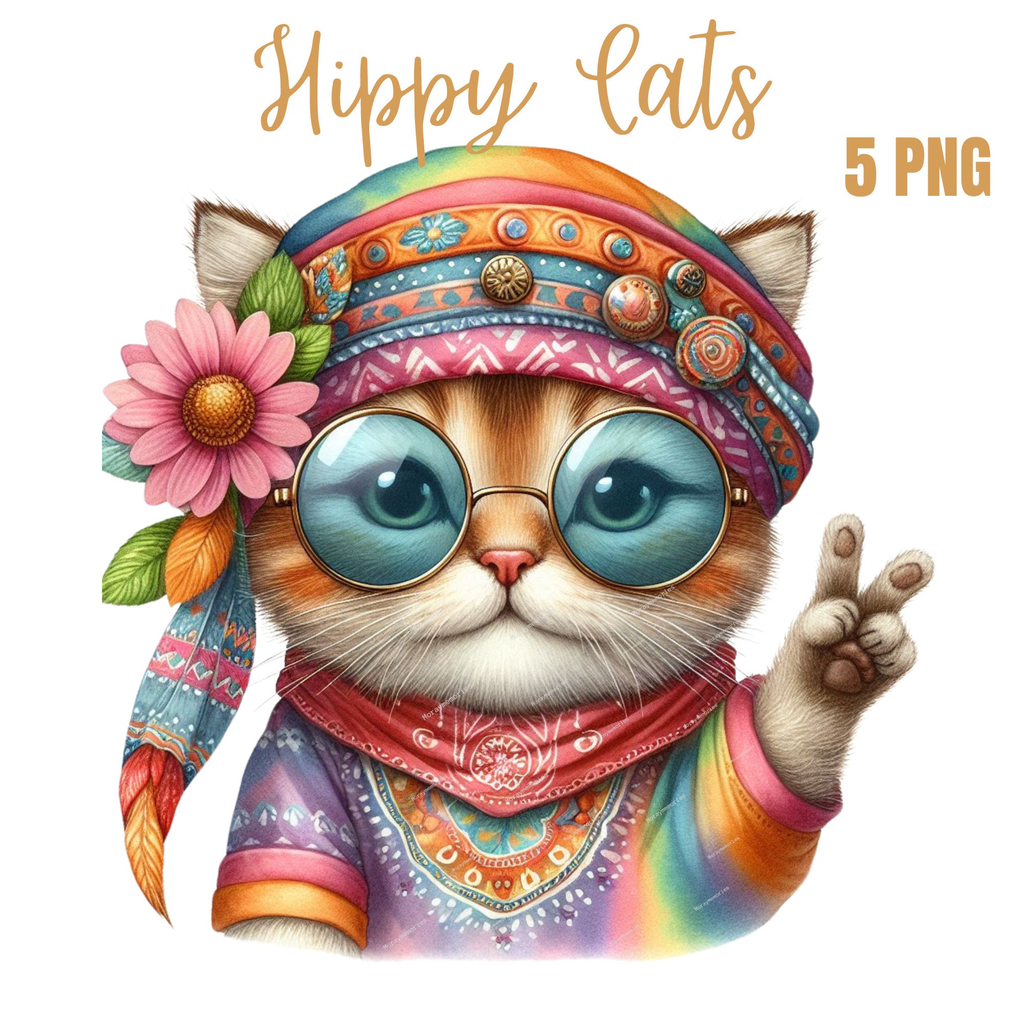 Hippy Cat Clipart | 5 Whimsical Cats Pngs | Kawaii Cat Illustrations ...