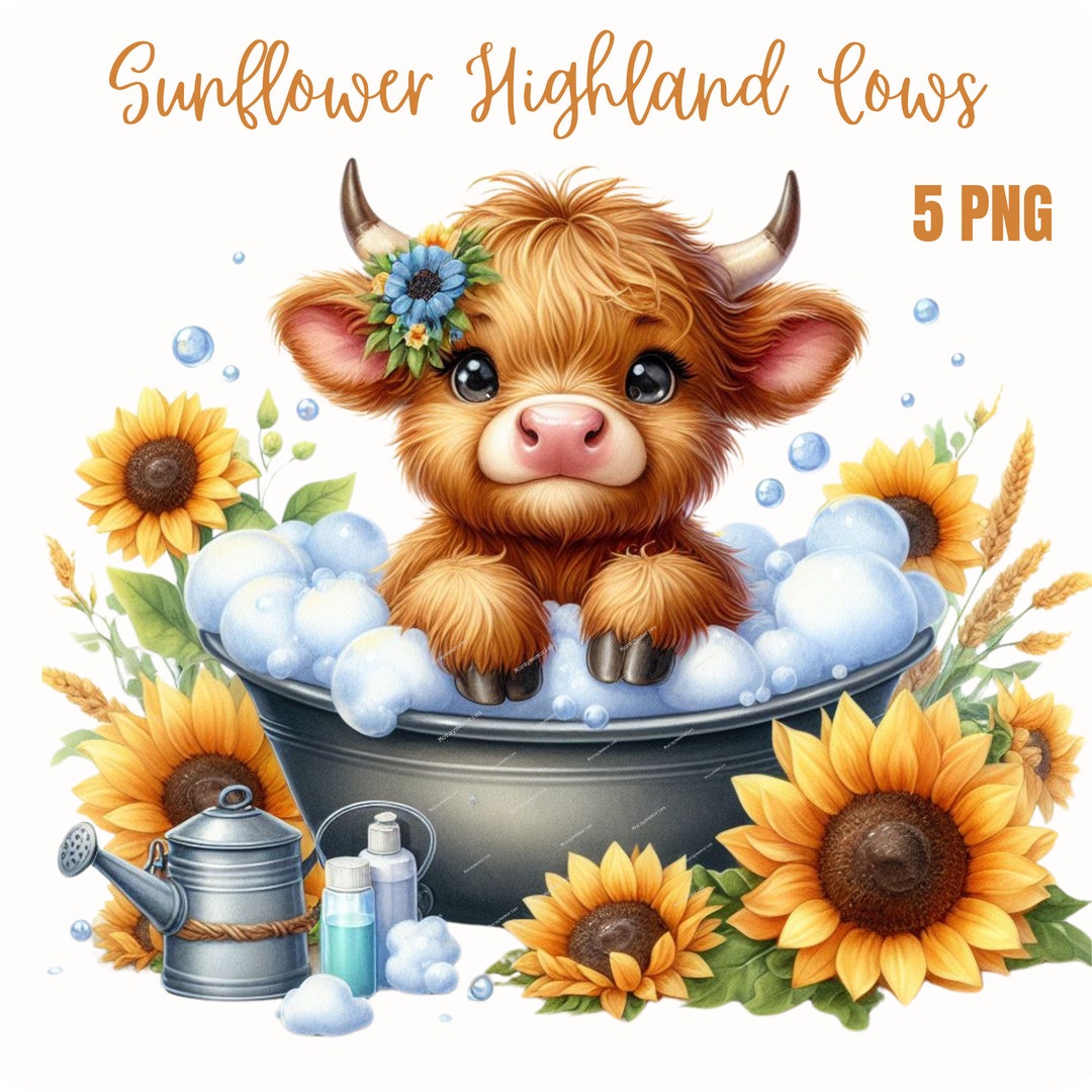 Watercolor Sunflower Highland Cows Collection Clipart, High Quality PNG ...