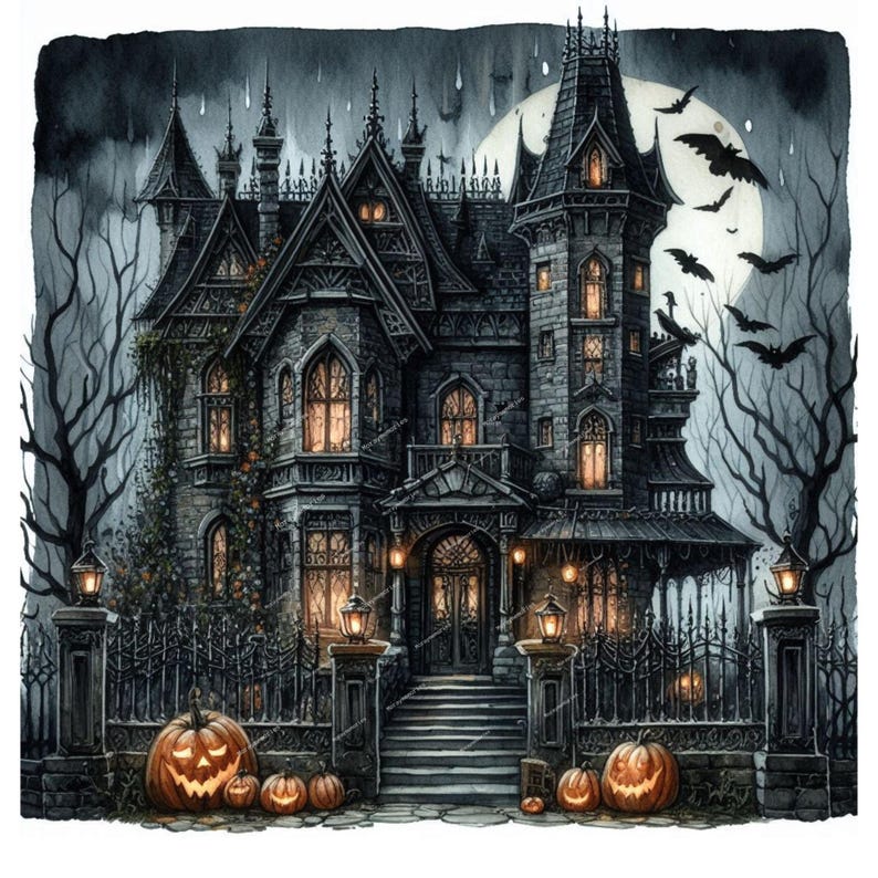 10 Watercolor Haunted House Clipart • 300 DPI JPG Images • Halloween ...