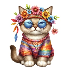 Hippy Cat Clipart, Whimsical Cats Clip Art, Kawaii Cat, Hippy Cat ...