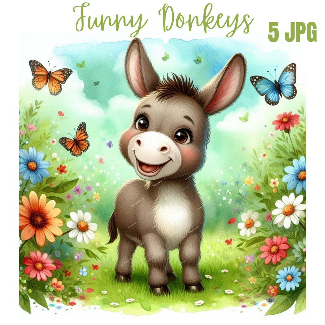 Happy Donkey Clipart, Funny Donkey Clipart JPG, Commercial Use, Digital ...