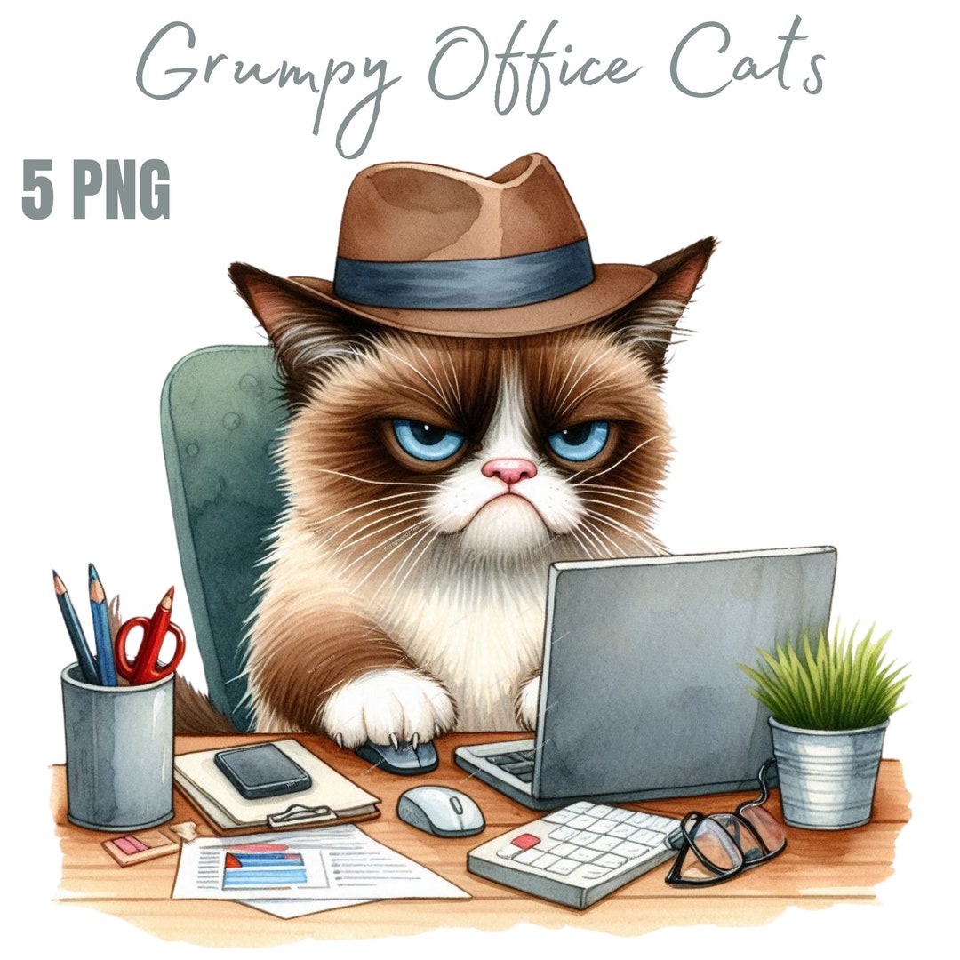 Watercolor Grumpy Office Cat Clipart, PNG Grumpy Animal Clipart, Cat ...