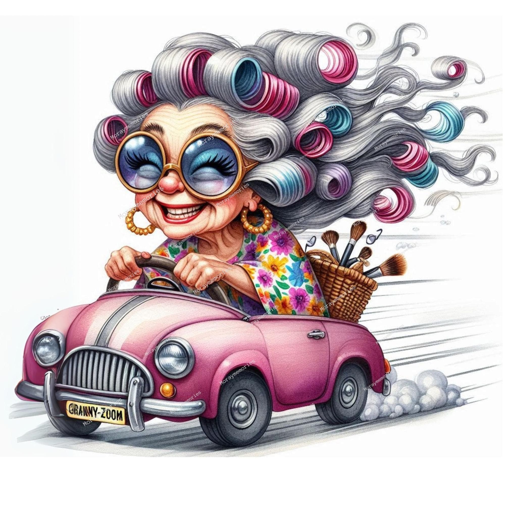 Funny Granny Driving Clipart Bundle – 10 Whimsical Grandma Car JPG ...