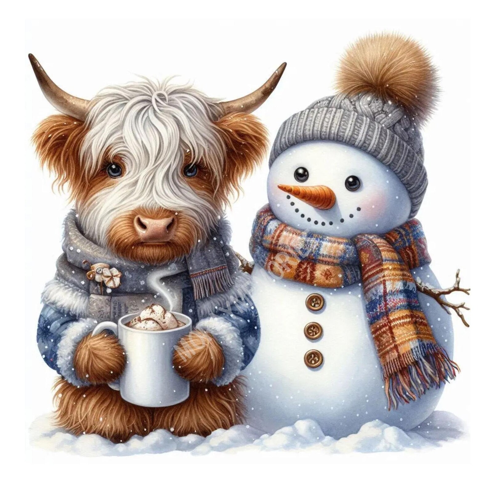 10 Highland Cow & Snowman Clipart, Christmas Winter JPG, Cozy Hot Cocoa ...