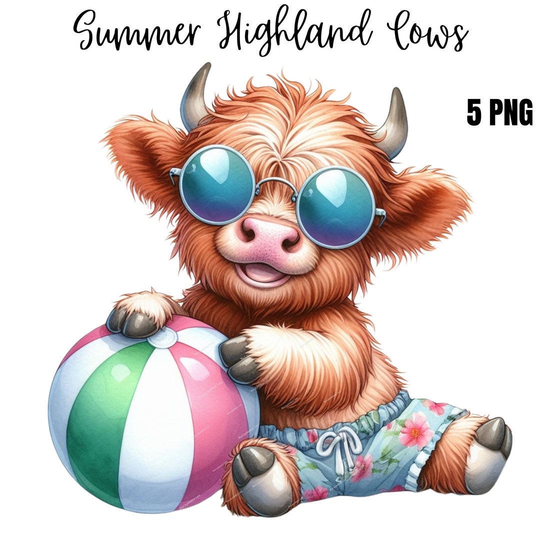 Watercolor Summer Highland Cows Collection Clipart, PNG Beach Clipart ...
