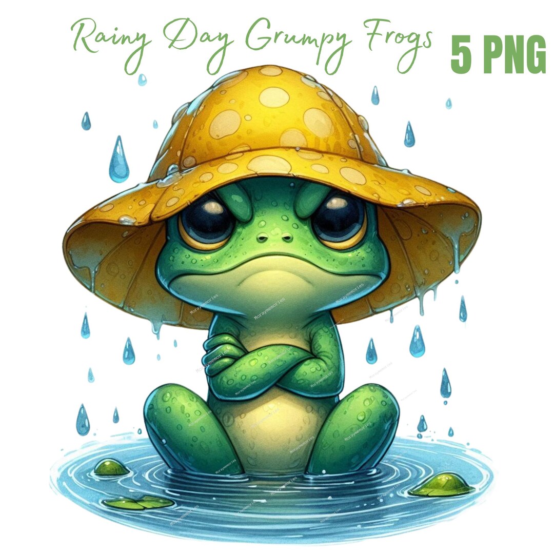 Grumpy Frog in Rain – Cute Rainy Weather Clipart PNG, Frog Clipart ...