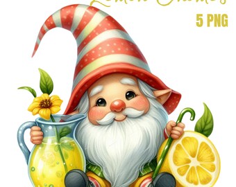 Summer Gnome Bundle Clipart, 13 PNG Gnomes and Lemon Stand Watercolor ...