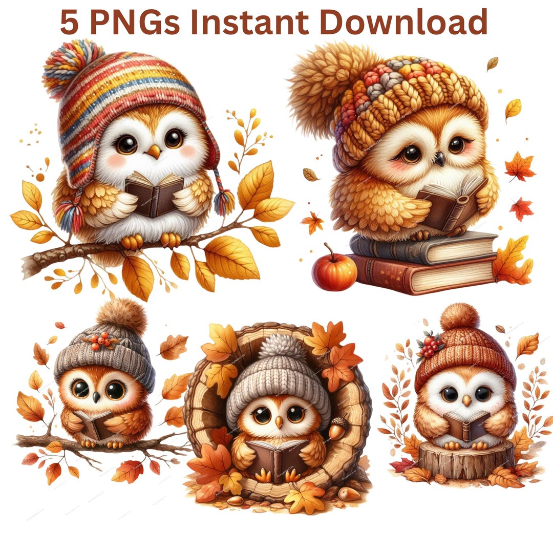 Cute Fall Owl Clipart PNG, Woodland Owl Wearing Knitted Hat Reading a ...