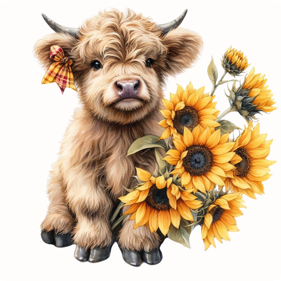 Watercolor Sunflower Highland Cows Collection Clipart, High Quality PNG ...