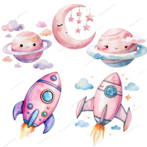 Pastel Space Clipart, Watercolor Cute Outer Space Clipart, Space Girl ...