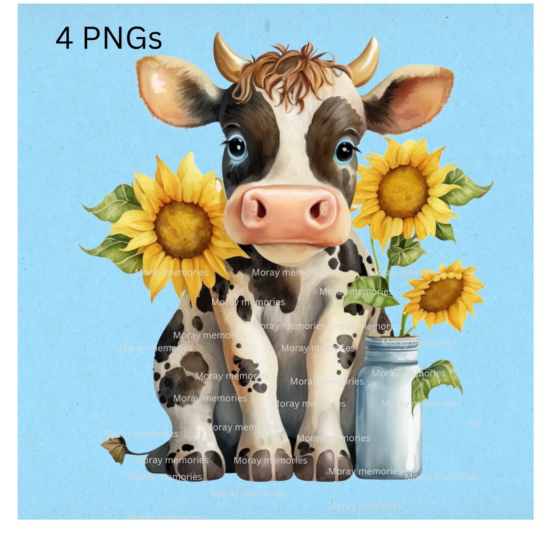 Cow,cute Cow and Sunflower Watercolor, Cow Clipart, Sunflower Clipart ...