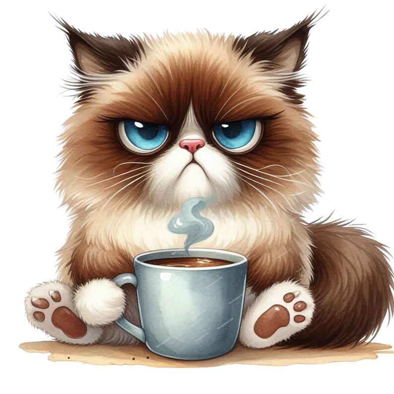 Watercolor Grumpy Coffee Cat Clipart, PNG Grumpy Animal Clipart, Cat ...