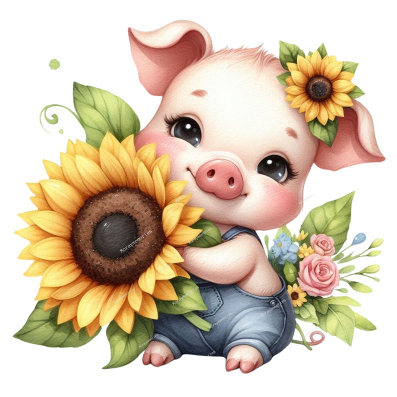 Cute Pigs and Sunflower Clipart, High Quality Pngs, Piglet Png, Floral ...