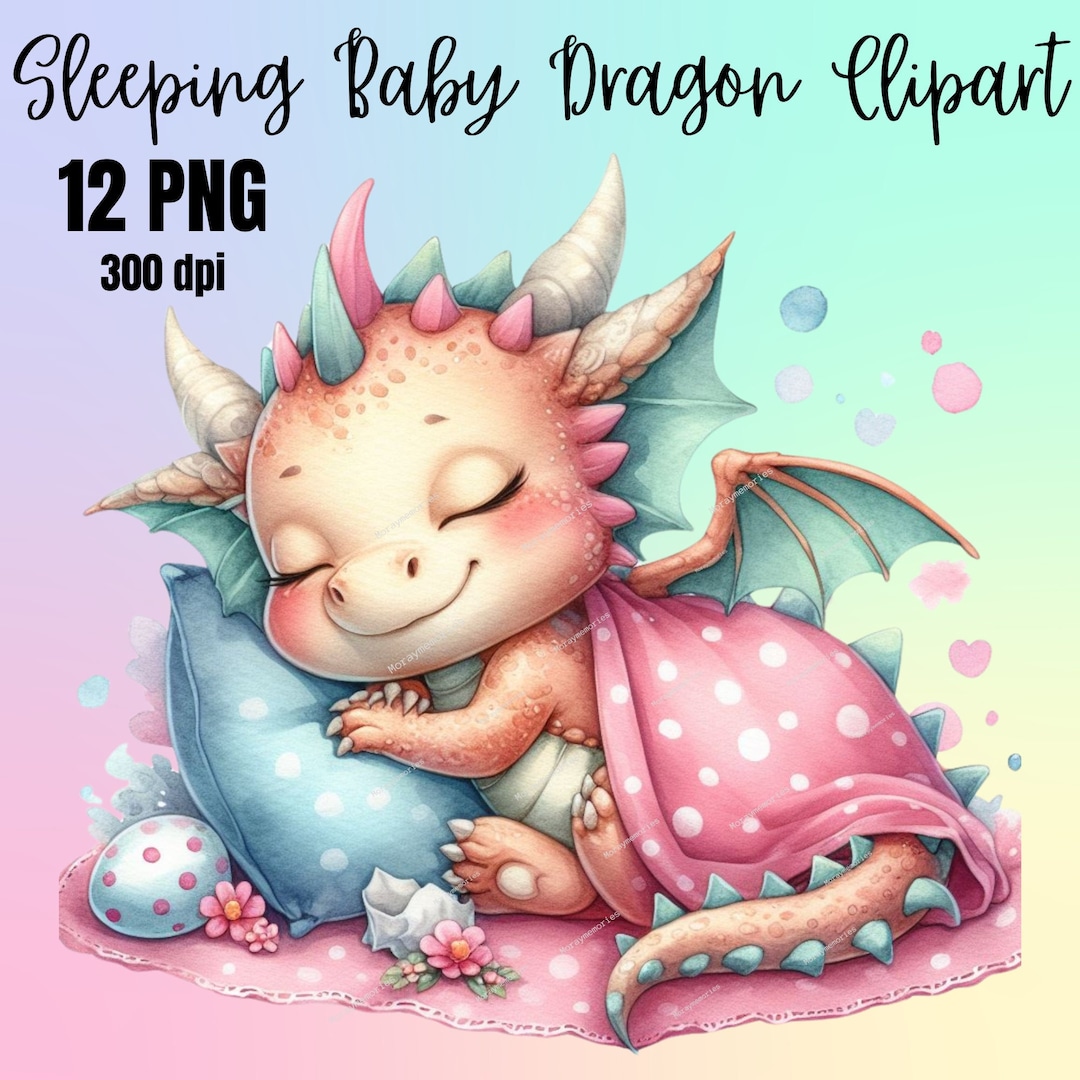 Watercolor Sleeping Baby Dragon Collection Clipart, 12 PNG Cute Dragon ...