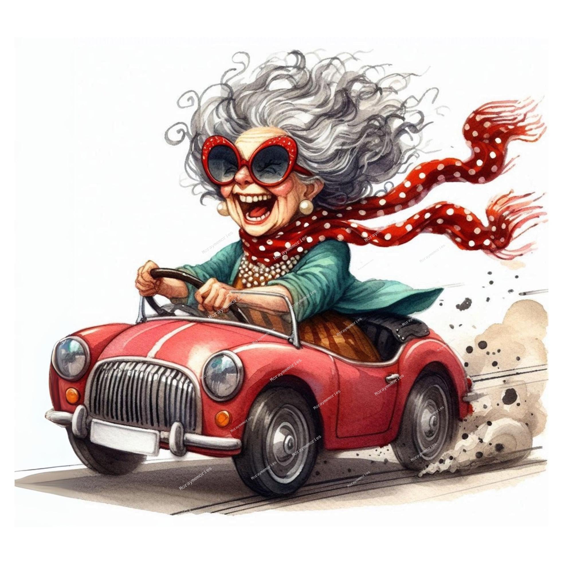 10 Crazy Granny in Her Car Clipart, Funny Grandma, Old Lady JPG, Car ...