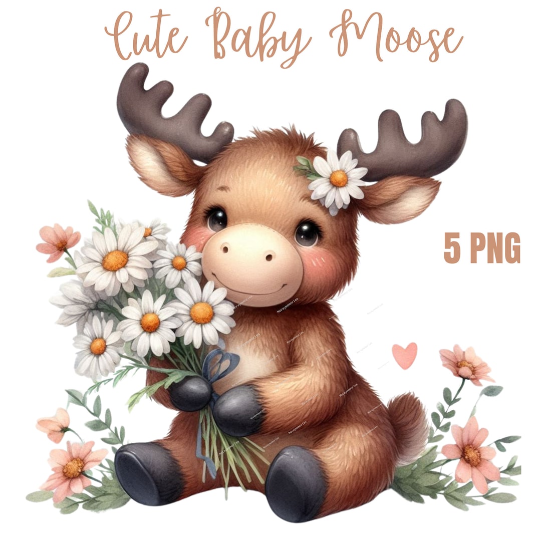 Watercolor Cute Baby Moose, PNG Animal Clipart, Moose Clipart, Cute ...