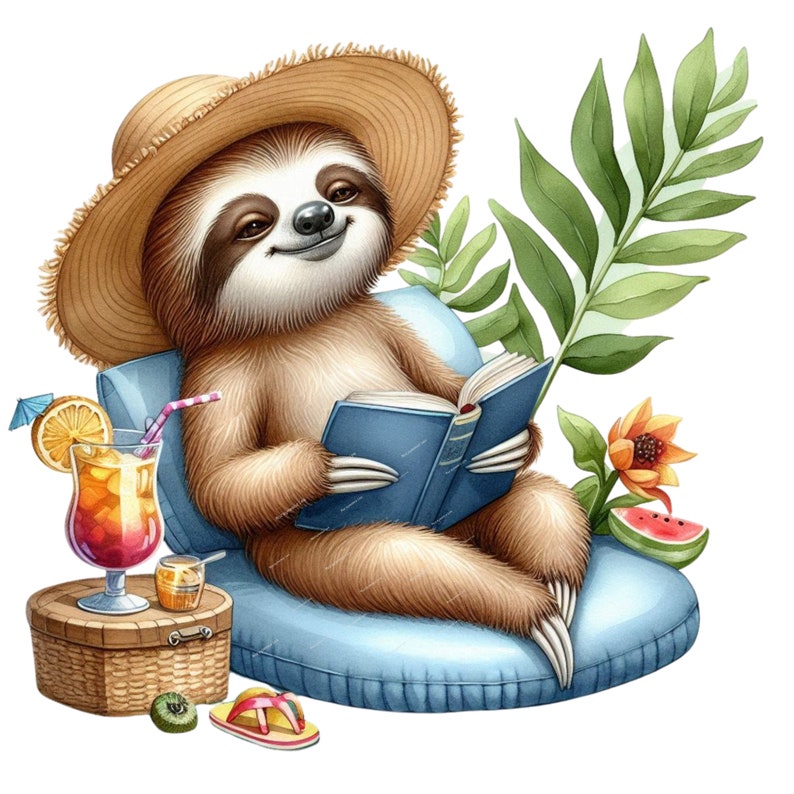 Cute Beach Sloth Clipart, Whimsical Animal PNG, Vibrant Vacation Beach ...