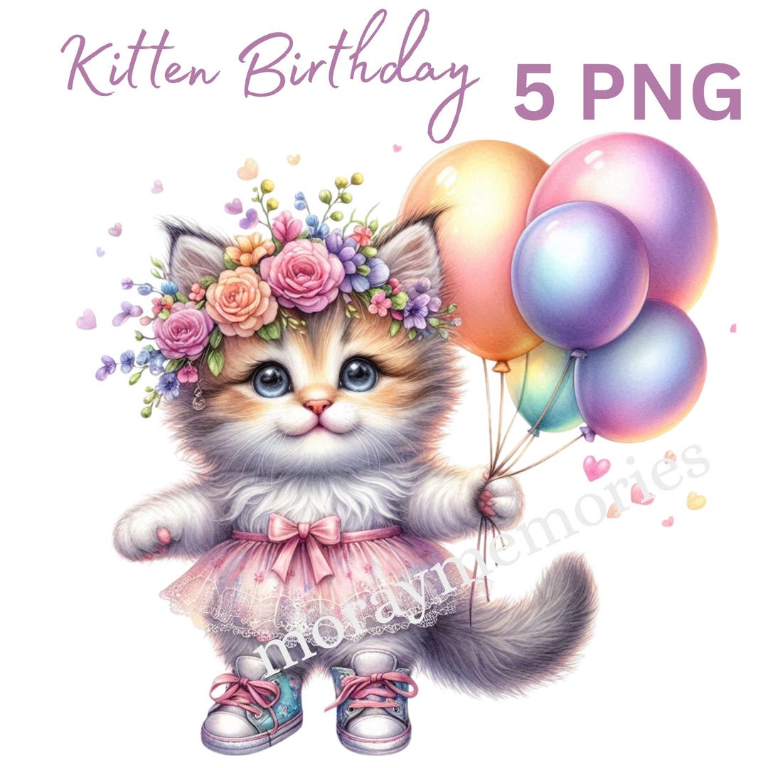 Watercolor Birthday Kitten Clipart PNG, Cute Cat With Balloons, Floral ...