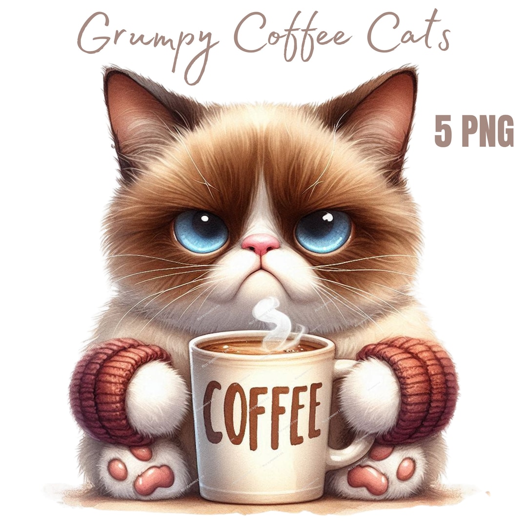 Watercolor Grumpy Coffee Cat Clipart, PNG Grumpy Animal Clipart, Cat ...