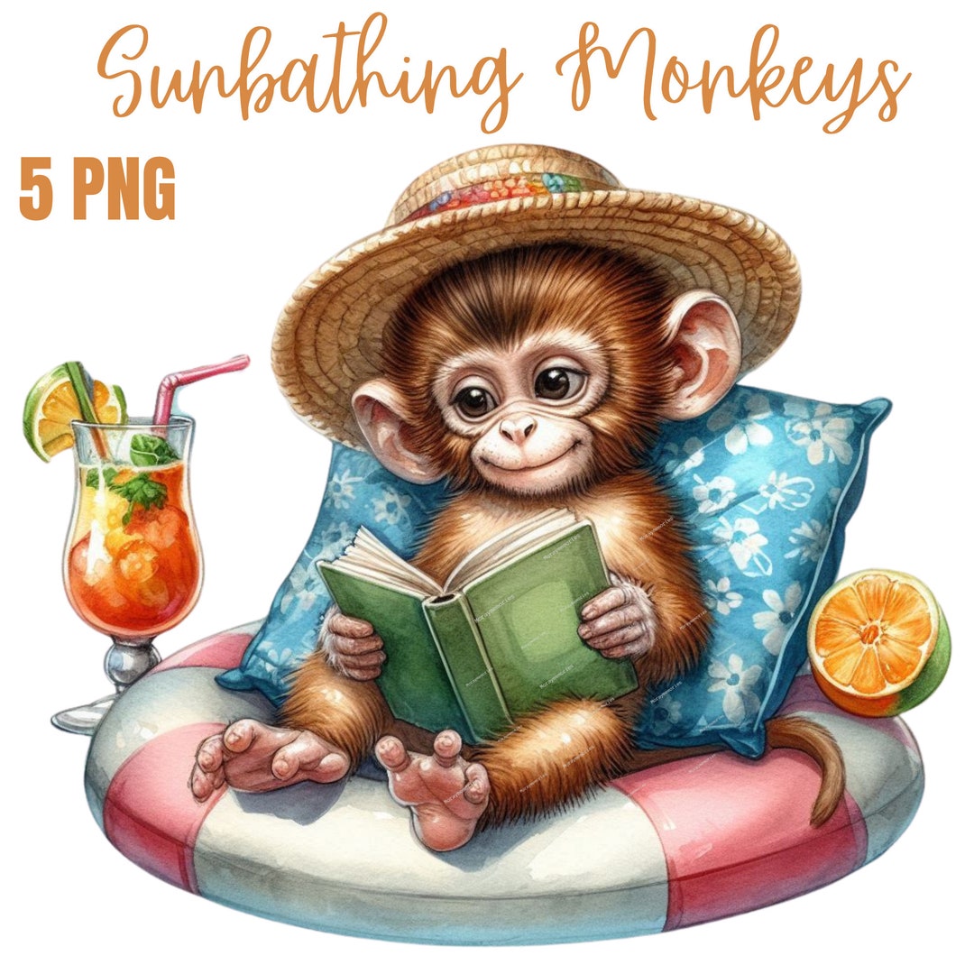 Cute Beach Monkey Clipart, Whimsical Animal PNG, Vibrant Vacation Beach ...
