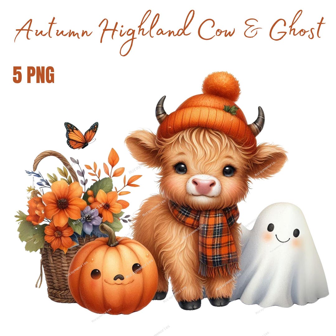 Autumn Highland Cow & Ghost Clipart, High Quality Pngs, Nursery Art ...