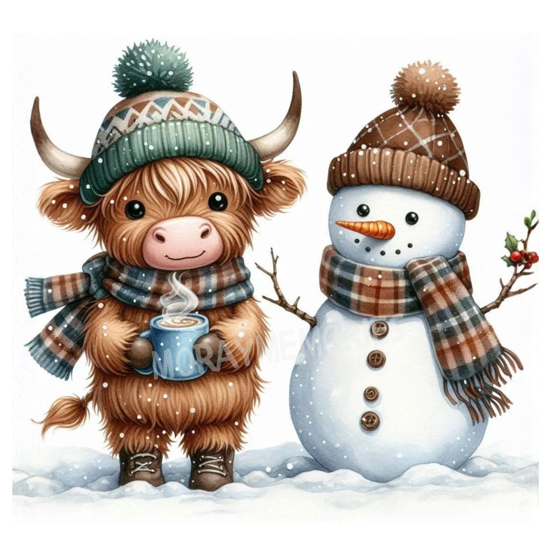 10 Highland Cow & Snowman Clipart, Christmas Winter JPG, Cozy Hot Cocoa ...