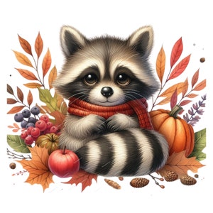 Watercolor Cute Autumn Raccoons, PNG Animal Clipart, Fall Raccoons ...