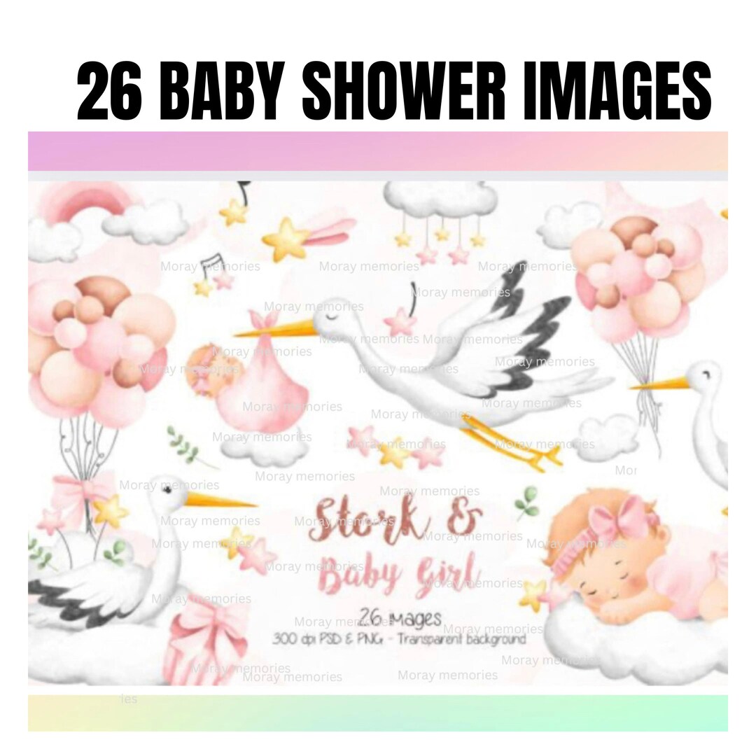 Stork and Baby Girl Clipart, Baby Shower, Nursery Clipart, Baby Girl ...