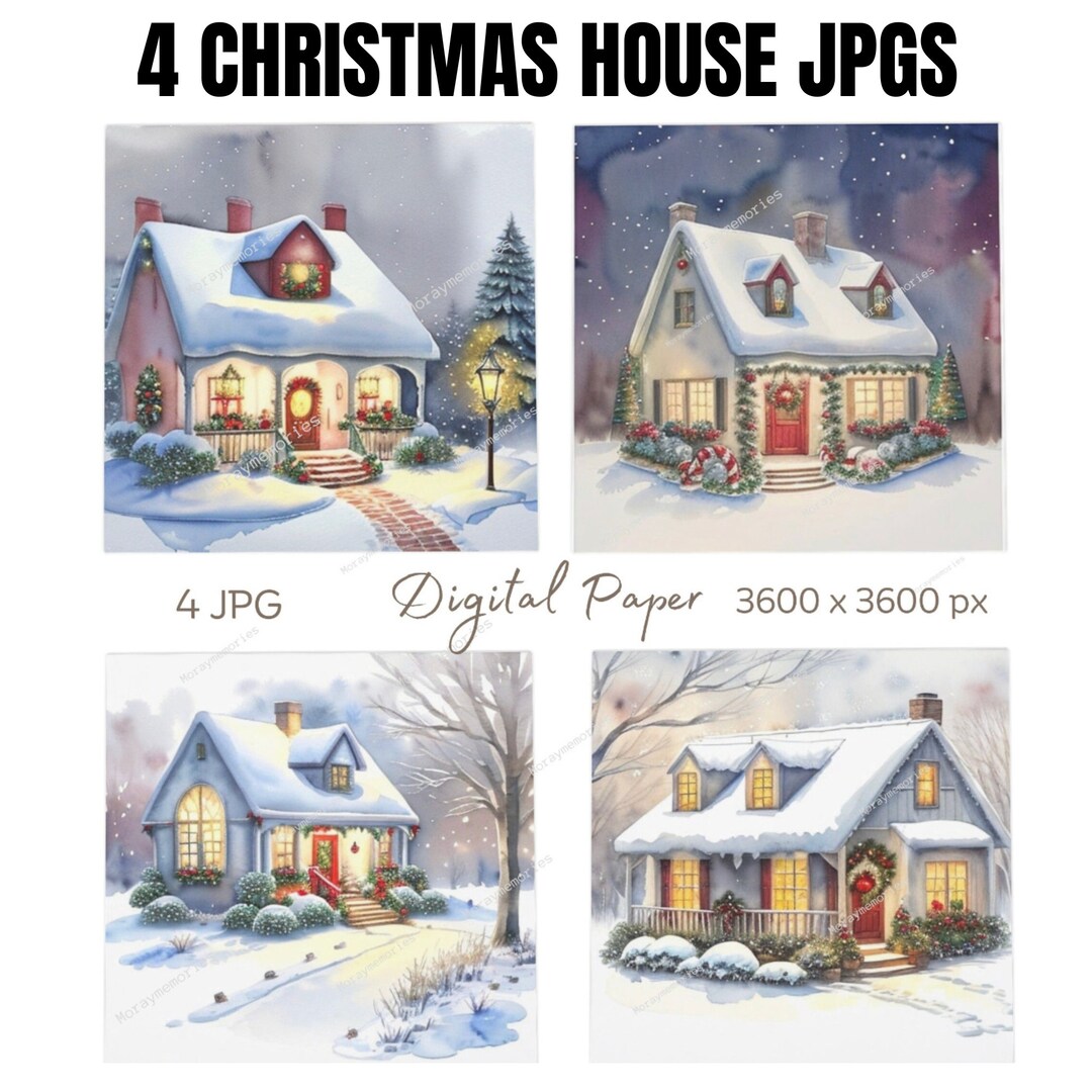 Christmas, Christmas House Scene Digital Paper Set 4 JPG Christmas Card ...