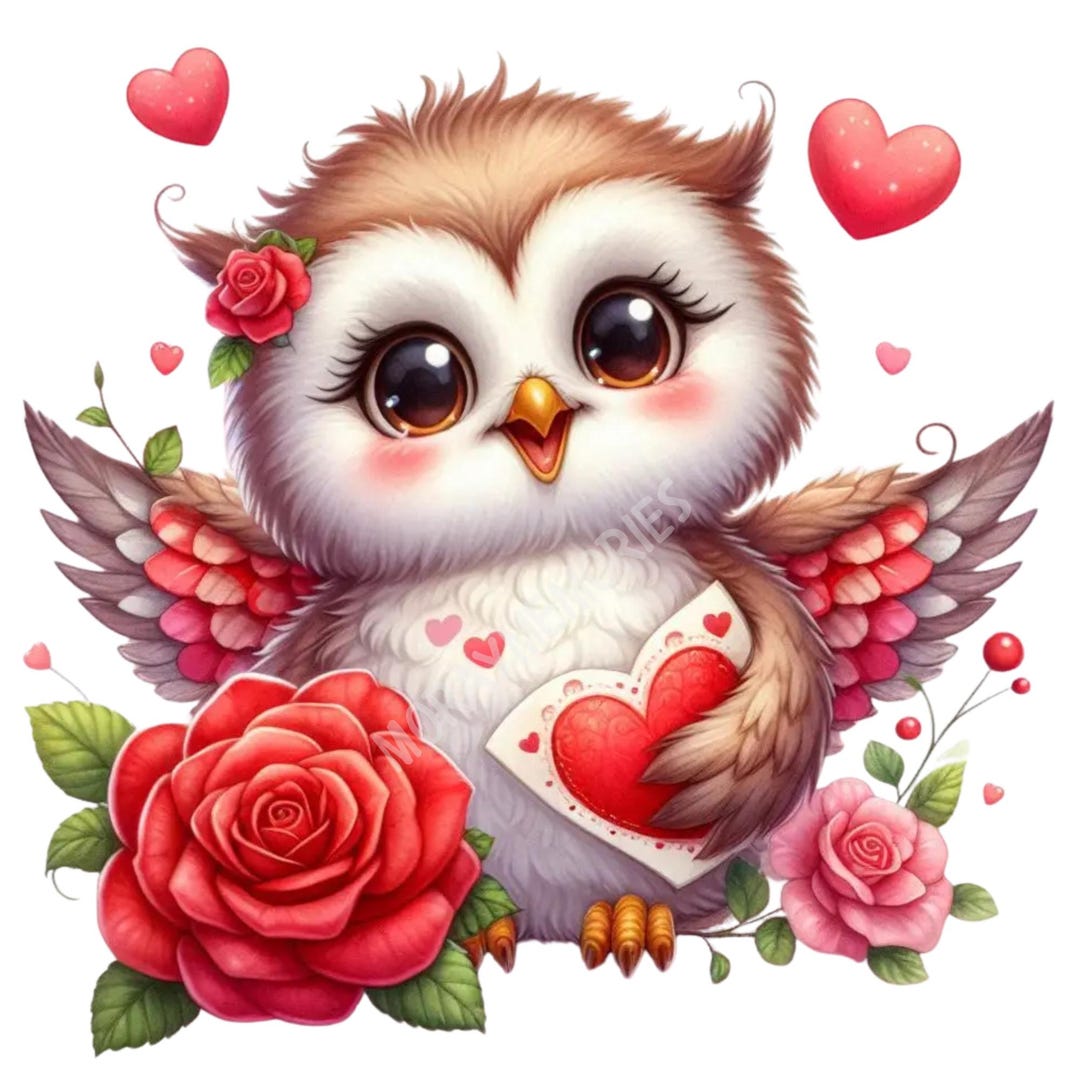 Valentine Owl Clipart Bundle – 10 Cute Pngs, Owls, Hearts, Roses, Love ...
