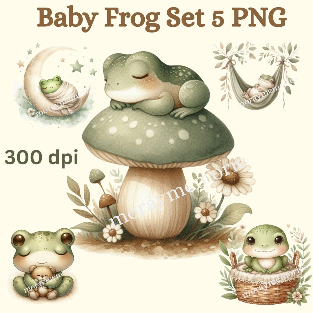 Baby Frog PNG Bundle (5 Pack) | Watercolor Cottagecore Nursery Clipart ...