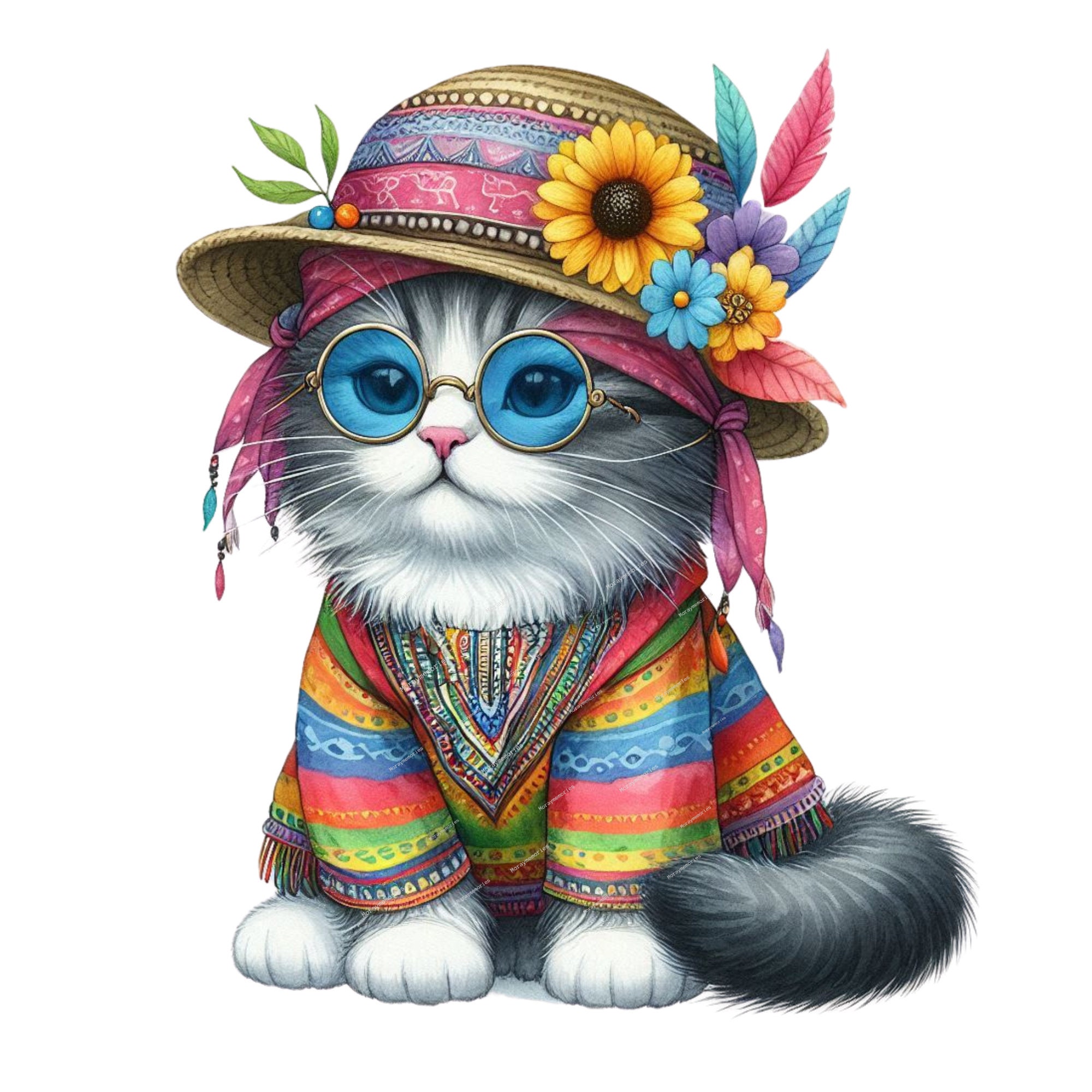 Hippy Cat Clipart | 5 Whimsical Cats Pngs | Kawaii Cat Illustrations ...