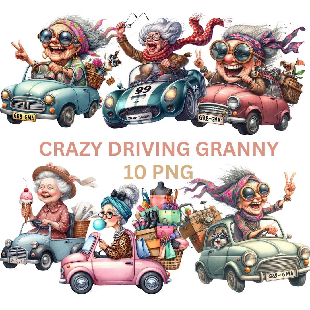 Crazy Granny Driving Car Clipart Set | Funny Grandma PNG | Sassy Old ...