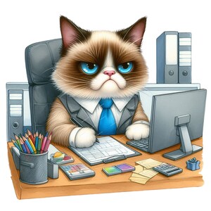 Watercolor Grumpy Office Cat Clipart, PNG Grumpy Animal Clipart, Cat ...