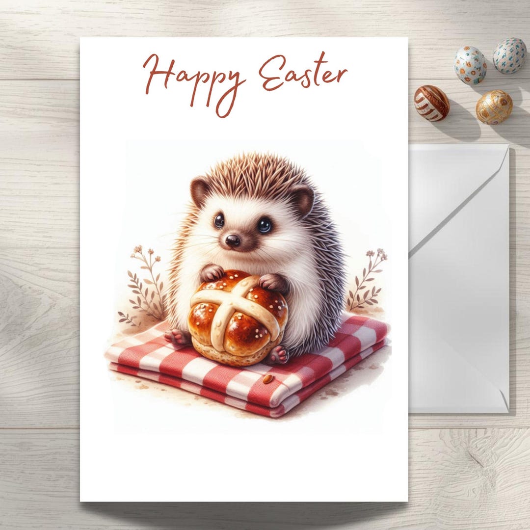 Printable Happy Easter Card Printable – Cute Hedgehog Holding Hot Cross ...