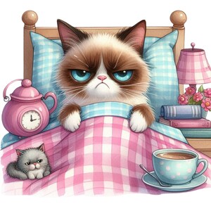 Watercolor Grumpy Bedtime Cat Clipart, PNG Grumpy Animal Clipart, Cat ...