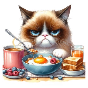 Watercolor Grumpy Breakfast Cat Clipart, PNG Grumpy Animal Clipart, Cat ...