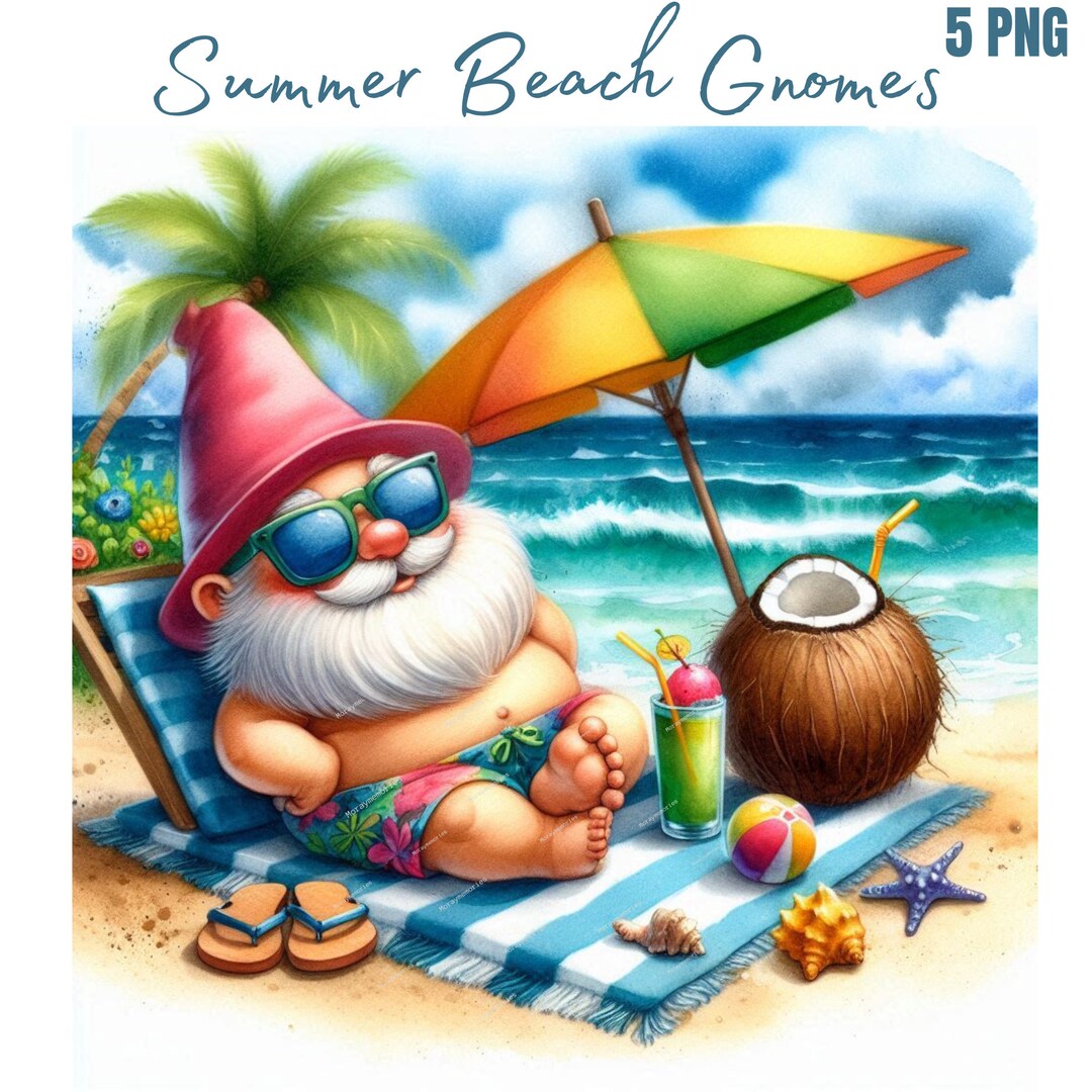 PNG Watercolor Summer Beach Gnome Clipart Bundle, Gnome Clipart, Beach ...