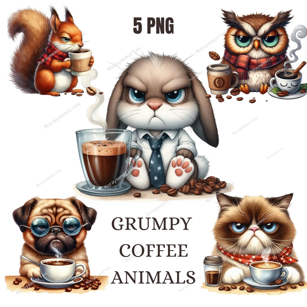 Grumpy Coffee Animals Clipart, Funny Animals,high Quality Pngs, Digital ...
