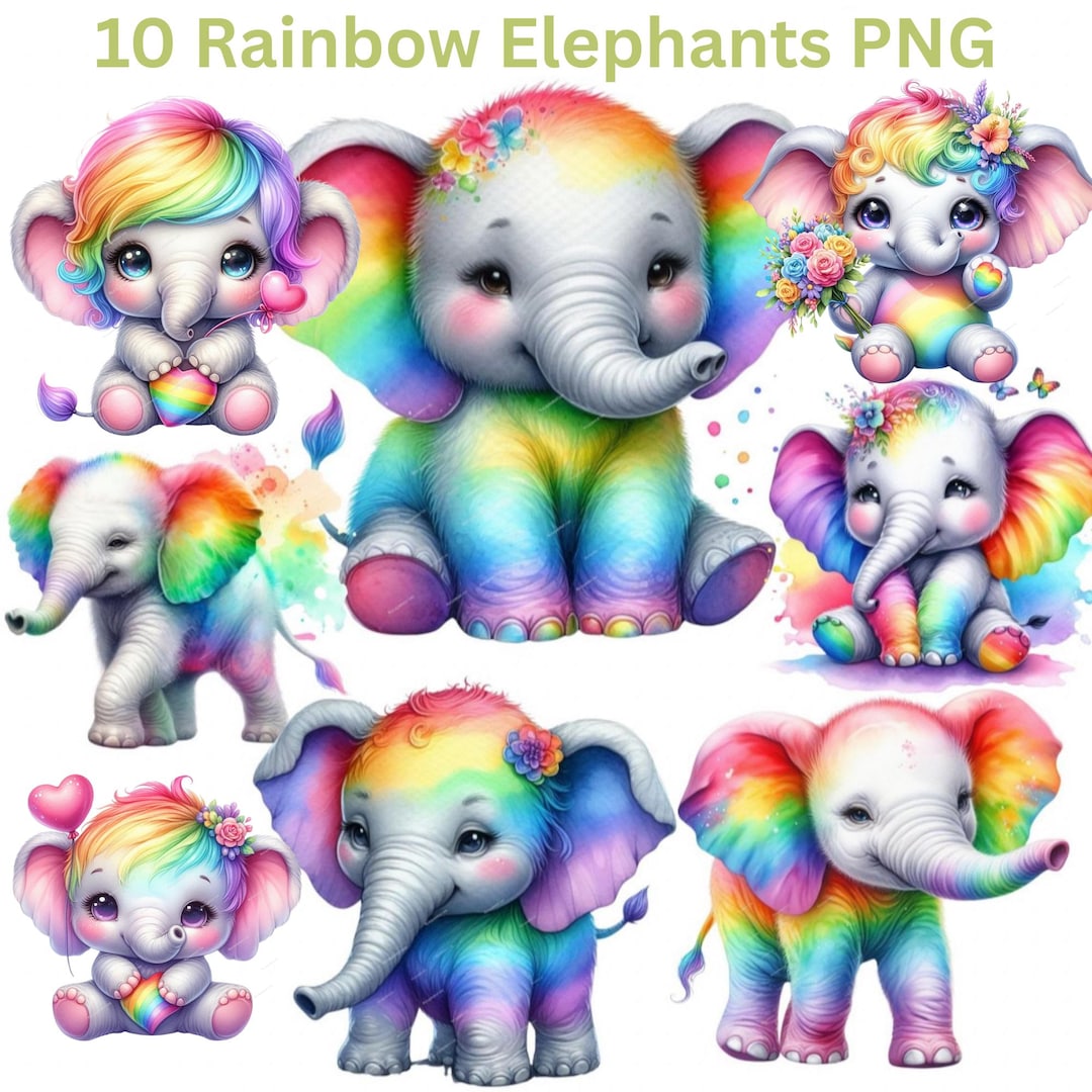 10 Rainbow Baby Elephant Clipart Bundle, Elephant Baby Shower PNG, Cute ...