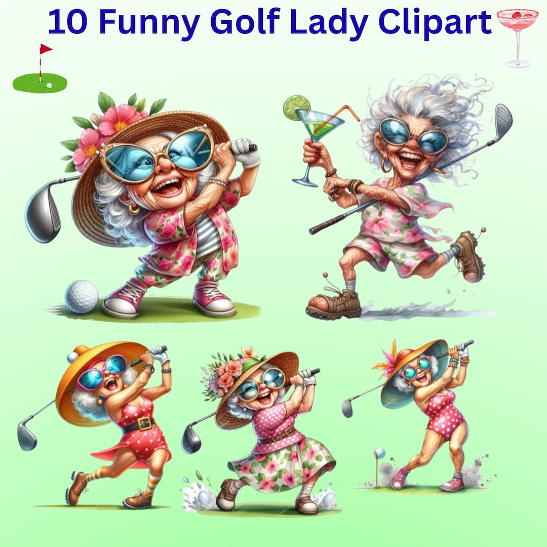 10 Funny Senior Lady Golfer Clipart JPG — Humorous Woman With Golf ...