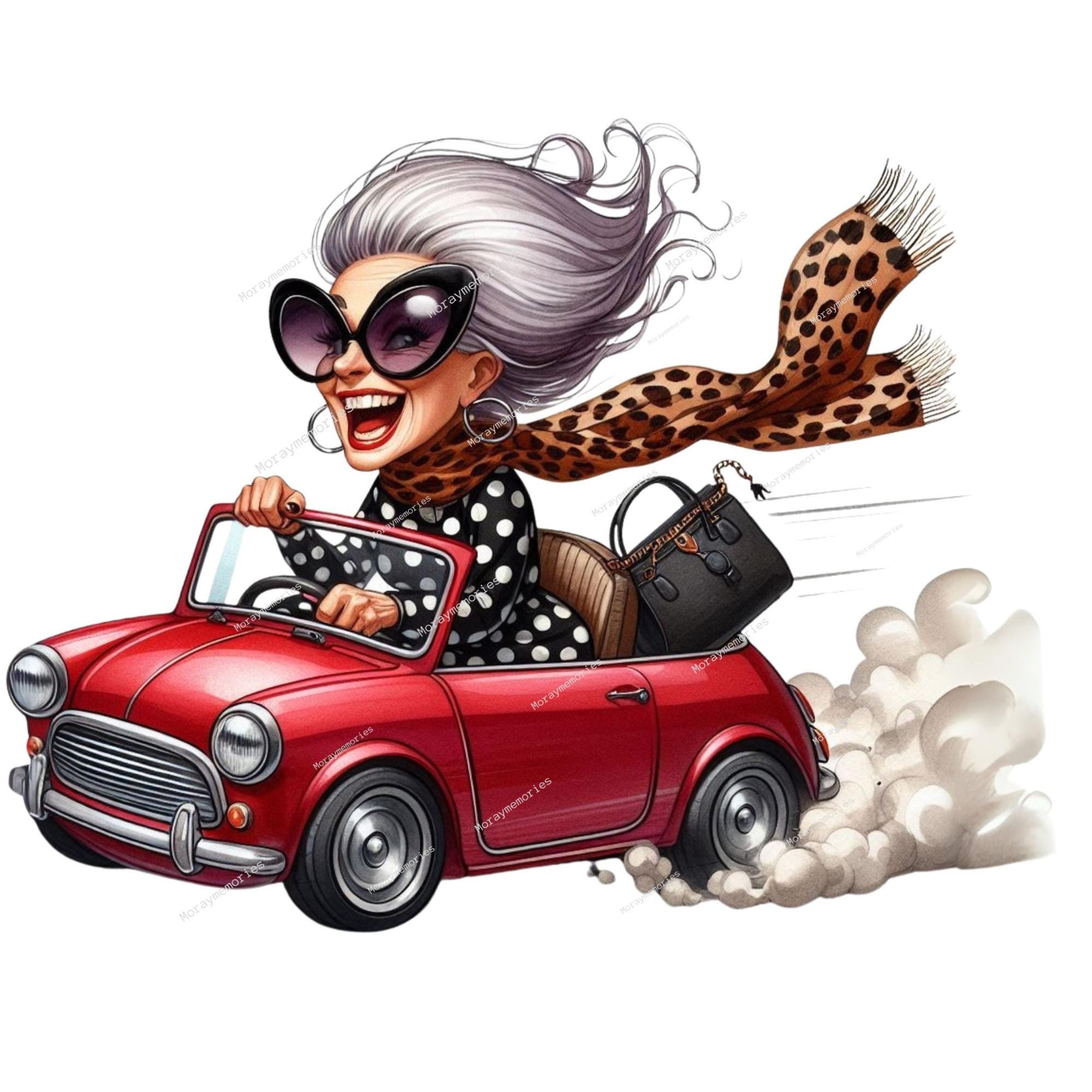 Funny Granny Driving Clipart Bundle – 10 Whimsical Grandma Car JPG ...
