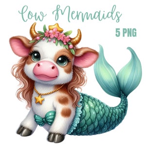 Mermaid Clipart, Cow Clipart, Rainbow Clip Art, PNG Watercolor, Cute ...