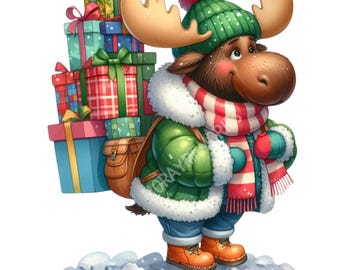 16 PNG Moose With Gifts Clipart – Cute Moose PNG – Winter Holiday Art ...