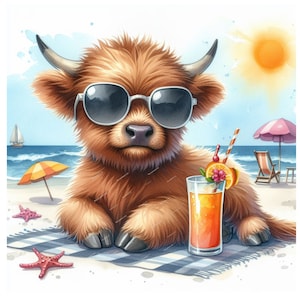 Watercolor Summer Highland Cows Collection Clipart, PNG Beach Clipart ...