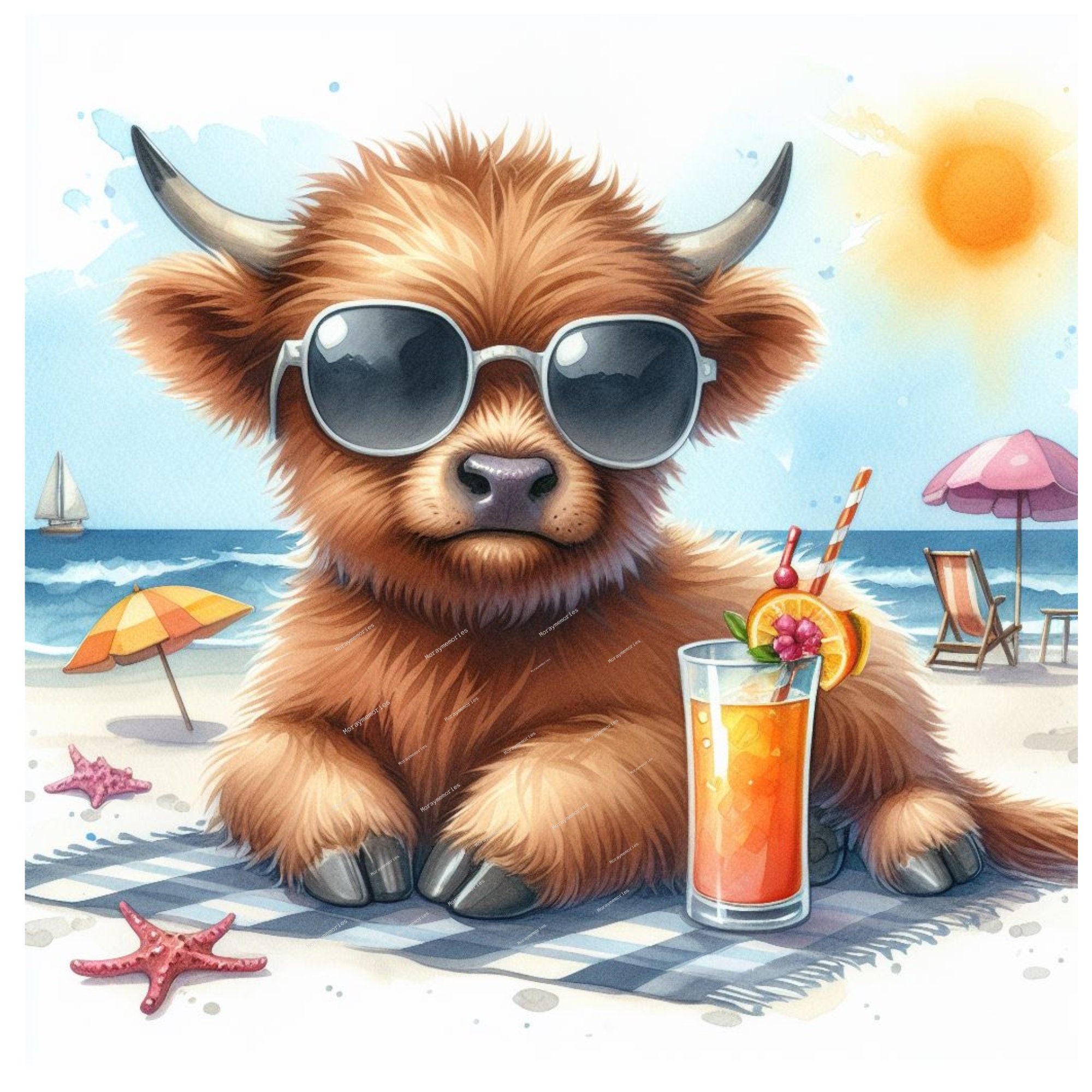 Watercolor Summer Highland Cows Collection Clipart, PNG Beach Clipart ...