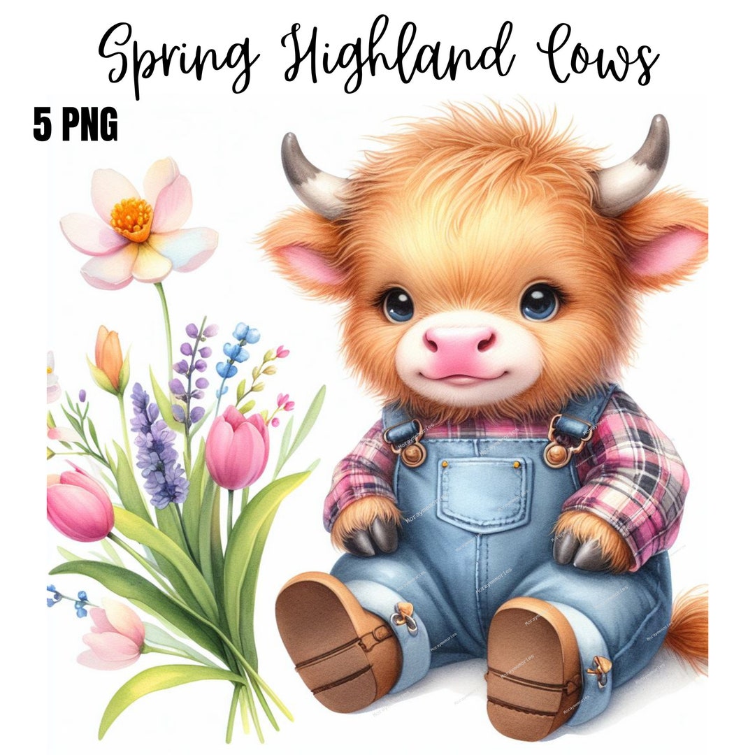 Watercolor Spring Highland Cow Clipart, PNG Cow Print Clipart, Baby ...