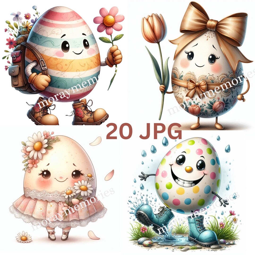 20 Funny Easter Eggs Clipart Set – Whimsical Watercolor Graphics ...